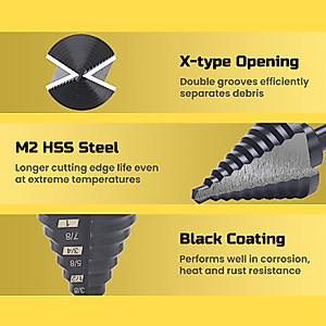 Lichamp Step Drill Bit Set for Metal Sheet Heavy Duty, 5-Piece Premium M2 HSS Step Up Down Drill Bits Stepper Unibit for Steel Hole, 50 Sizes from 1/8 to 1-3/8 inches