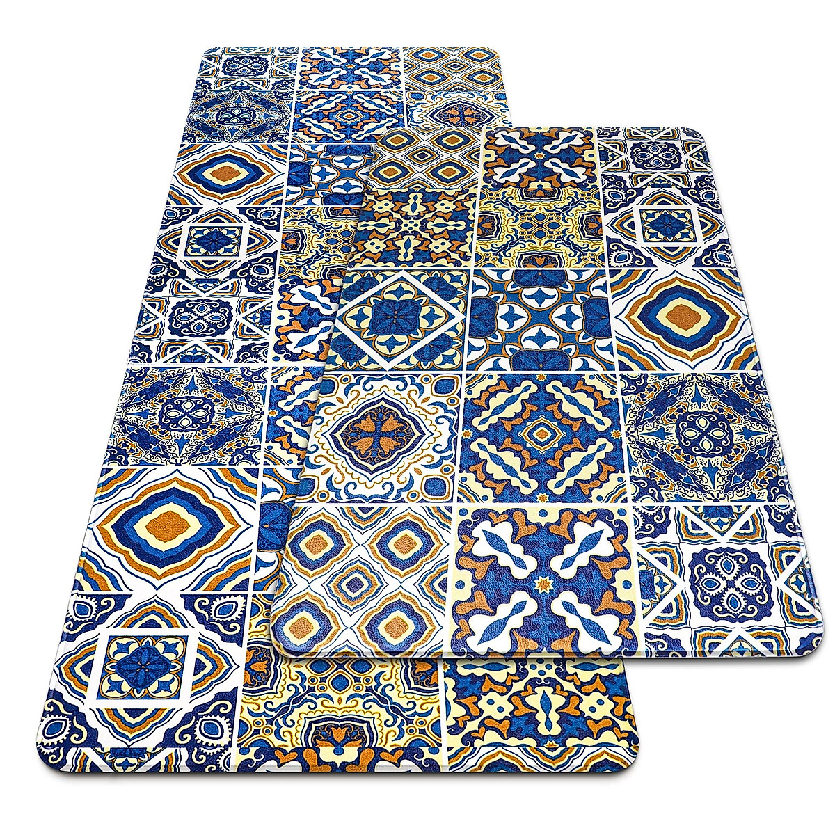 Lidimei Anti Fatigue Mats for Kitchen Floor, Kitchen Mats Cushioned Anti Fatigue 2 Piece Set 17"x47"+17×28", Non Skid Waterproof Kitchen Mats for Floor, Blue Bohemia Kitchen Rugs
