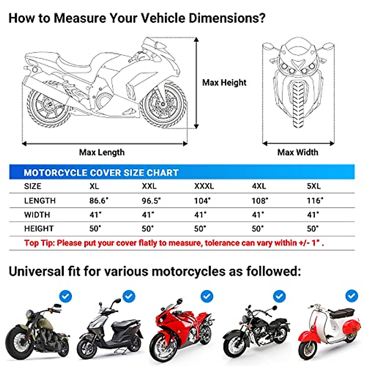 Favoto Motorcycle Cover Reflective 96.5 inches Length All Season Universal Weather Waterproof Sun Outdoor Protection with Lock-Holes & Storage Bag Motorbike Vehicle Cover