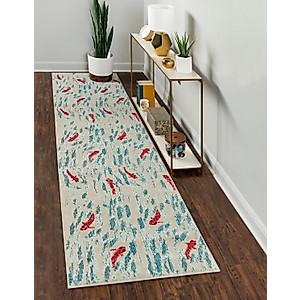 Unique Loom Positano Collection Coastal Modern Bright Colors Fish Beige Runner Rug (3' x 10')