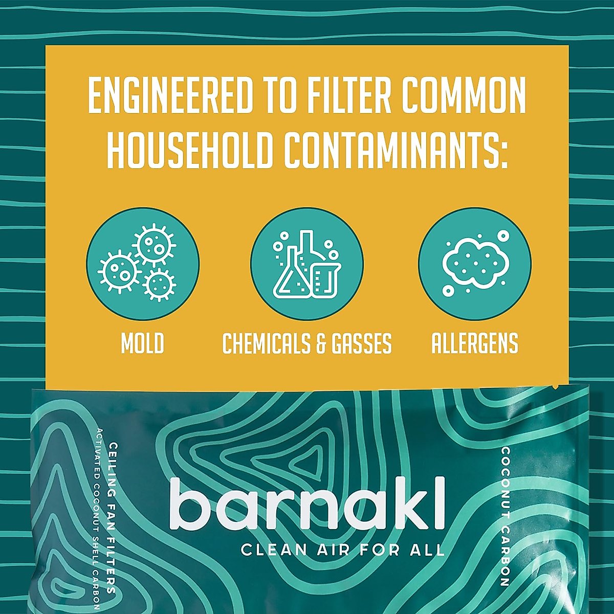 Barnakl Ceiling Fan Filters | Activated Coconut Shell Carbon Filter | Easy-Stick Universal Ceiling Fan Air Filters | Unscented Ceiling Fan Blade Filters for Common Household Contaminants, (3-Count)