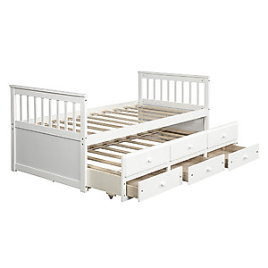 Rhomtree Twin Captain’s Bed Storage daybed with Trundle and Drawers for Kids Guests (White)