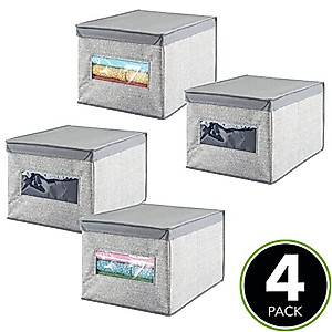 mDesign Large Fabric Stackable Closet Organizer Box with Clear Window/Lid for Bedroom, Office, Bathroom, Mudroom Organization - Shoe, Sweater, Clothes Storage, Lido Collection, 4 Pack, Gray