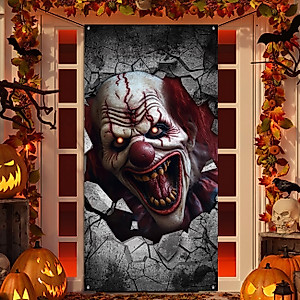 Joker Clown Halloween Door Cover, Halloween Banner Halloween Door Decorations with Classic Horror Movie Killer Door Cover Backdrop for Halloween Party Supplies, Scary Terror Halloween Front Door Porch 70*35 Inch