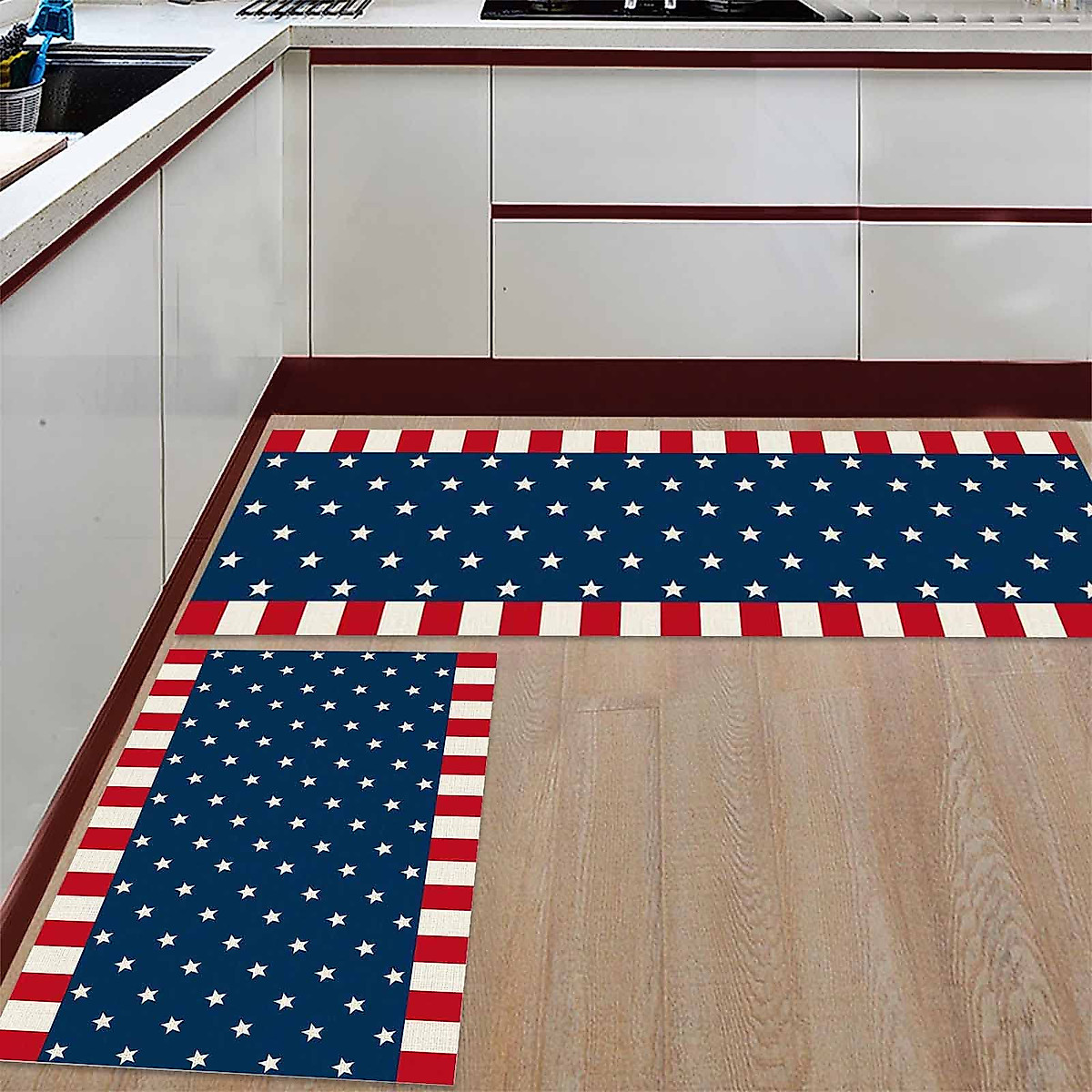 July 4th Kitchen Rugs Sets 2 Pcs Floor Mats Independence Day USA Flag Stars Stripe Red White and Blue Doormat Non-Slip Rubber Backing Area Rugs Carpet Inside Door Mat Pad Sets-16"x 24"+16"x47"