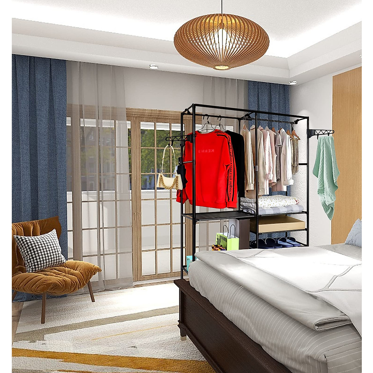 Clewiltess Garment Freestanding Clothes Organizer Closet, Metal Hanging Storage Organizer Rack Wardrobe with Shelves& Hanging Rods,Clothes Hanger Organizer (Black)