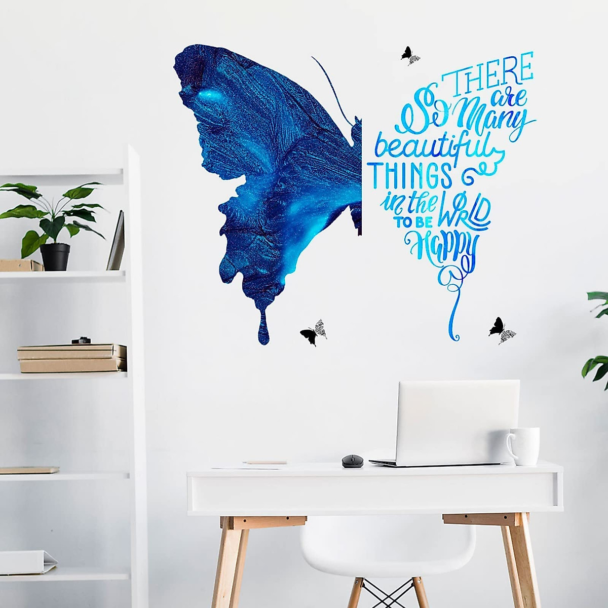 Maydahui Blue Butterfly Wall Sticker to Be Happy Inspirational Quotes Wall Decals (24x30 Inch) Peel Stick Removable Large Motivational Saying Art Mural Decor for Living Room Bedroom Nursery