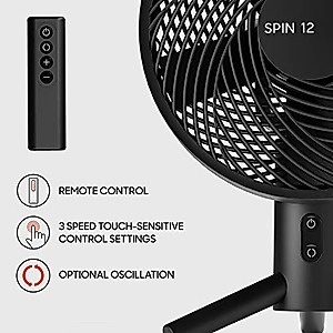 Sharper Image SPIN 12 Oscillating Desktop Fan with 3 Speeds, Small, Black