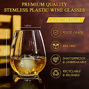 FOCUSLINE 48 Pack Plastic Wine Glasses Stemless, 6 Oz Mini Crystal Clear Plastic Shot Glass Small Disposable Cups for Whiskey and Liqueurs, Ideal for Halloween, Thanksgiving, Christmas