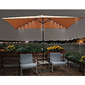 i-POOK 10 x 6.5 FT Rectangular Patio Umbrellas with 26 Solar LED Light, Market Table Waterproof Umbrellas Sunshade with Crank and Push Button Tilt Patio Hanging Umbrella for Garden Deck Pool, Brown