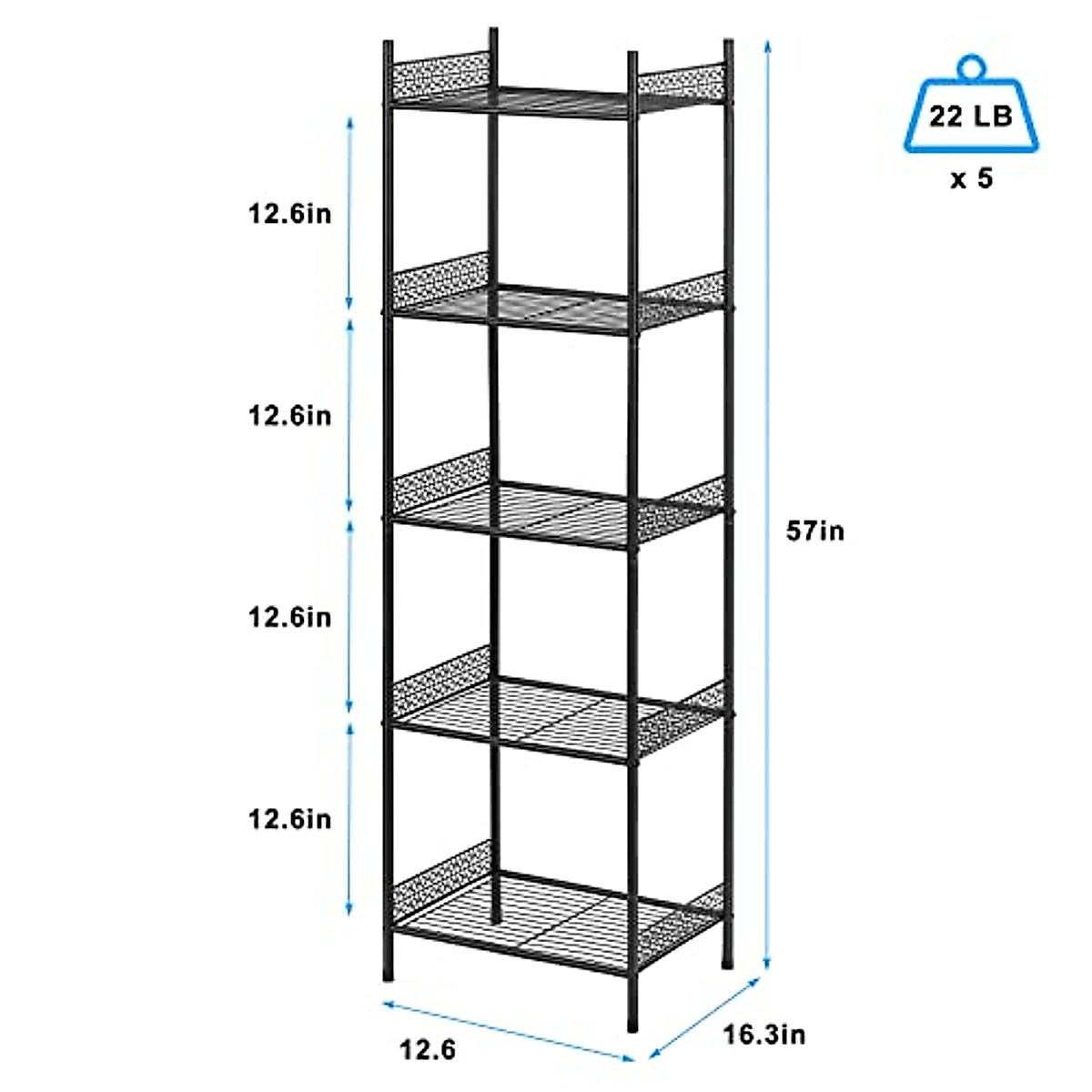 5 Tier Wire Shelving Metal Storage Rack Standing Shelving Units Shelves Bathroom Shelf for Laundry Bathroom Kitchen Livingroom Pantry Closet Garage 12.6" D×16.3" W×57" H, Black