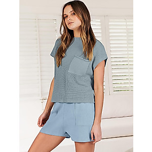 ANRABESS Women's Two Piece Summer Outfits Knit Sweater Short Sets Pullover Tops & Shorts Lounge Matching Clothes Set Sky Small