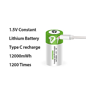 Rechargeable D Batteries 1.5V 12000mWh USB Lithium ion Rechargeable D Battery with USB Type C Charging Cable, High Capacity Fast Charge, 1200 Cycles Constant Output, Over-Charge Protection,2-Pack