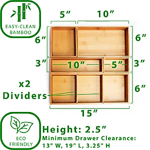 Seville Classics Bamboo Premium Organizer Storage Bins for Kitchen Silverware, Pantry, Closet, Office Desk, Pens, Utensils, Makeup, K Cup, Bamboo, Bin Set w/Dividers (5 Piece)