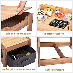 Nyeekoy 3 in1 Multifunctional Wood Table and 2 Chairs Set, White and Gray Children Activity Desk for Toddlers Playing, Drawing, Reading