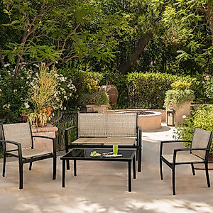 JUMMICO 4 Pieces Patio Furniture Set Modern Conversation Set Outdoor Garden Patio Bistro Set with Glass Coffee Table for Home, Porch, Lawn (Yellow)