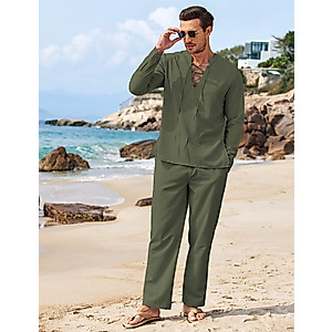 COOFANDY Men's 2 Piece Linen Sets Casual Long Sleeve Shirt and Loose Pants Set Beach Vacation Outfits, Army Green, X-Large