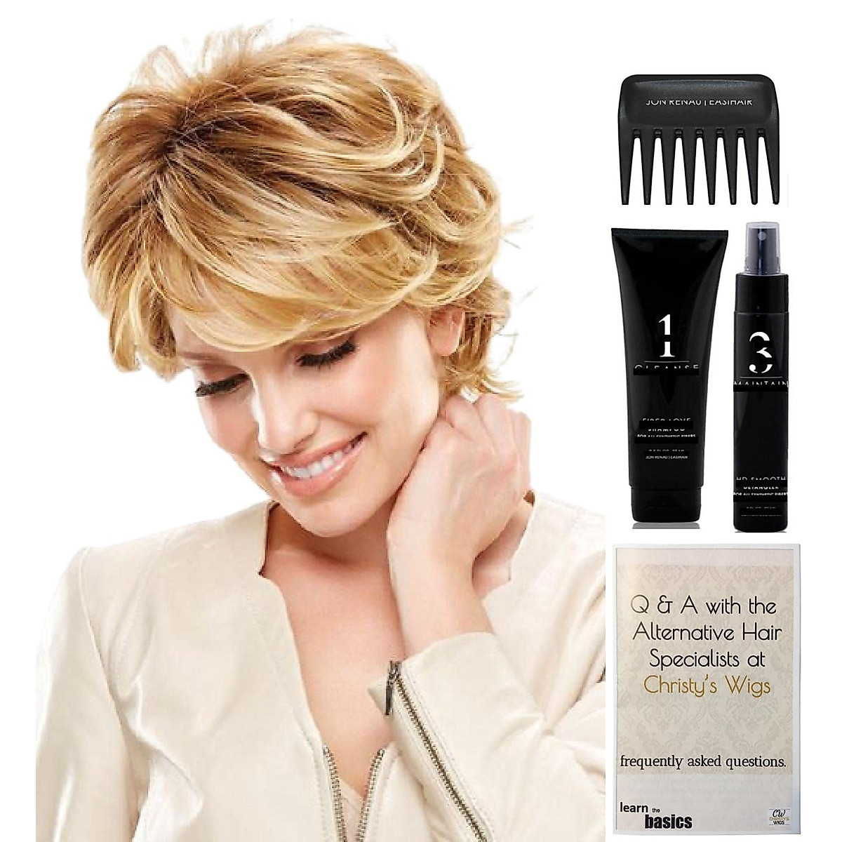 BUNDLE - 5 Items: Naomi Heat Friendly Synthetic Wig by Jon Renau, Christy's Wigs Q & A Booklet, HD Smooth Detangler, Synthetic Shampoo & Wide Tooth Comb - Color: 6F27
