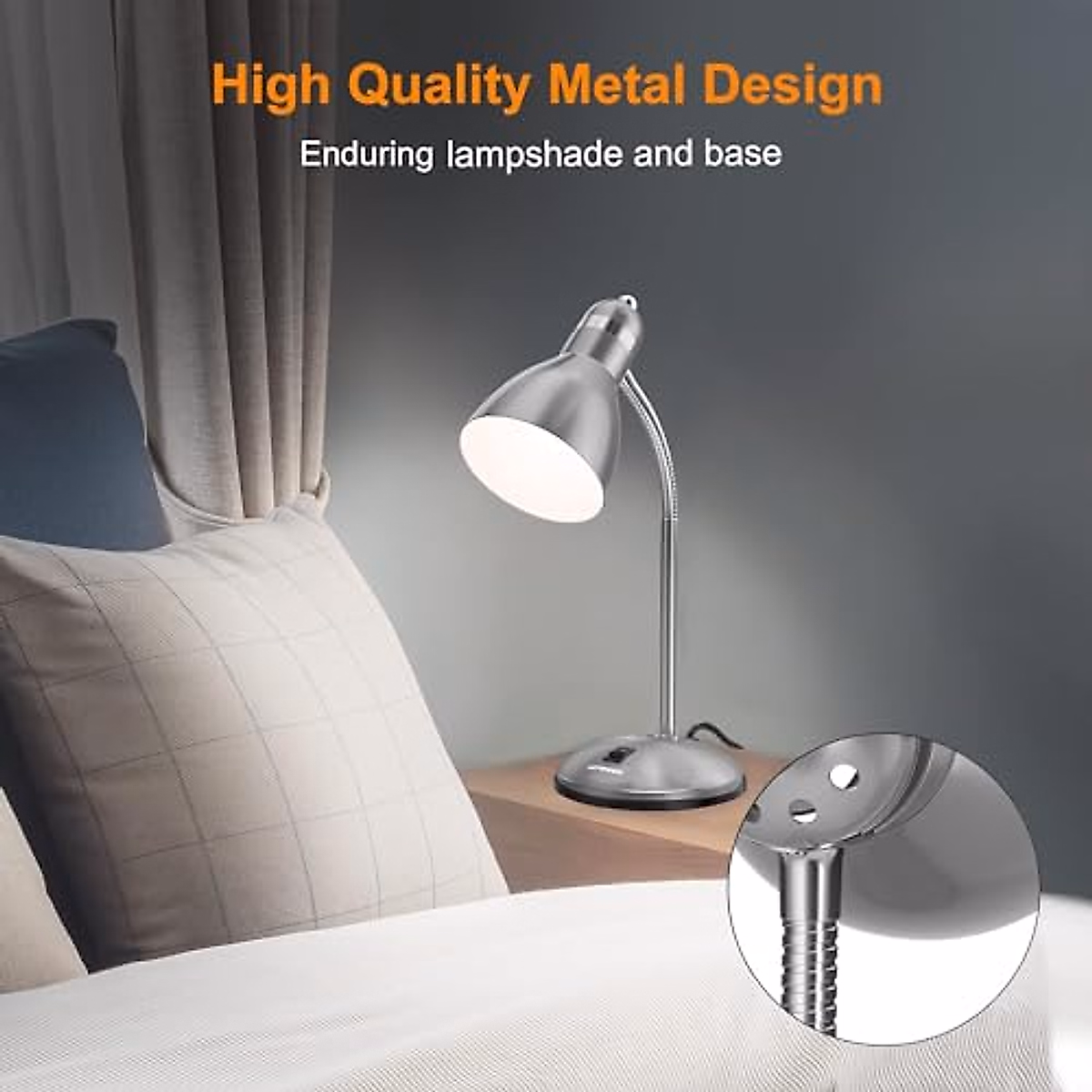 LEPOWER Metal Desk Lamp, Adjustable Goose Neck Table Lamp, Eye-Caring Study Desk Lamps for Bedroom, Study Room and Office (Silver)