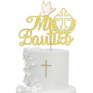 1 Pack Spanish Mi Bautizo Cake Topper Glitter Cross First Holy Communion Baptism Cake Pick Religious God Bless Baptism Cake Decoration for Baby Shower Birthday Party Supplies Gold