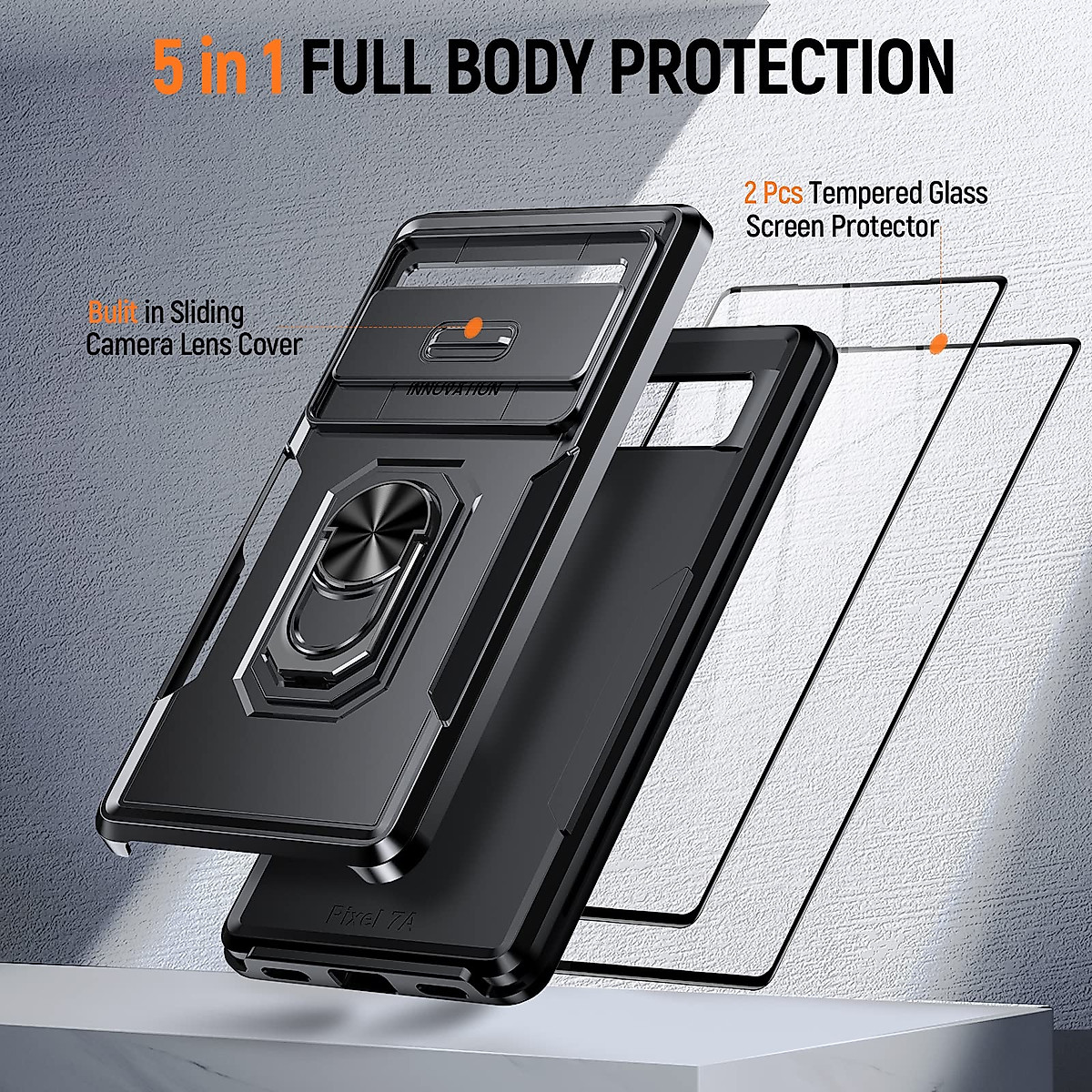 Oneagle for Google Pixel 7a Case with Screen Protector(2Pcs), Pixel 7a Phone Case with [Slide Camera Lens Cover]+[360° Rotatable Metal Kickstand] Military Grade Shockproof Case for Pixel 7A 6.1"