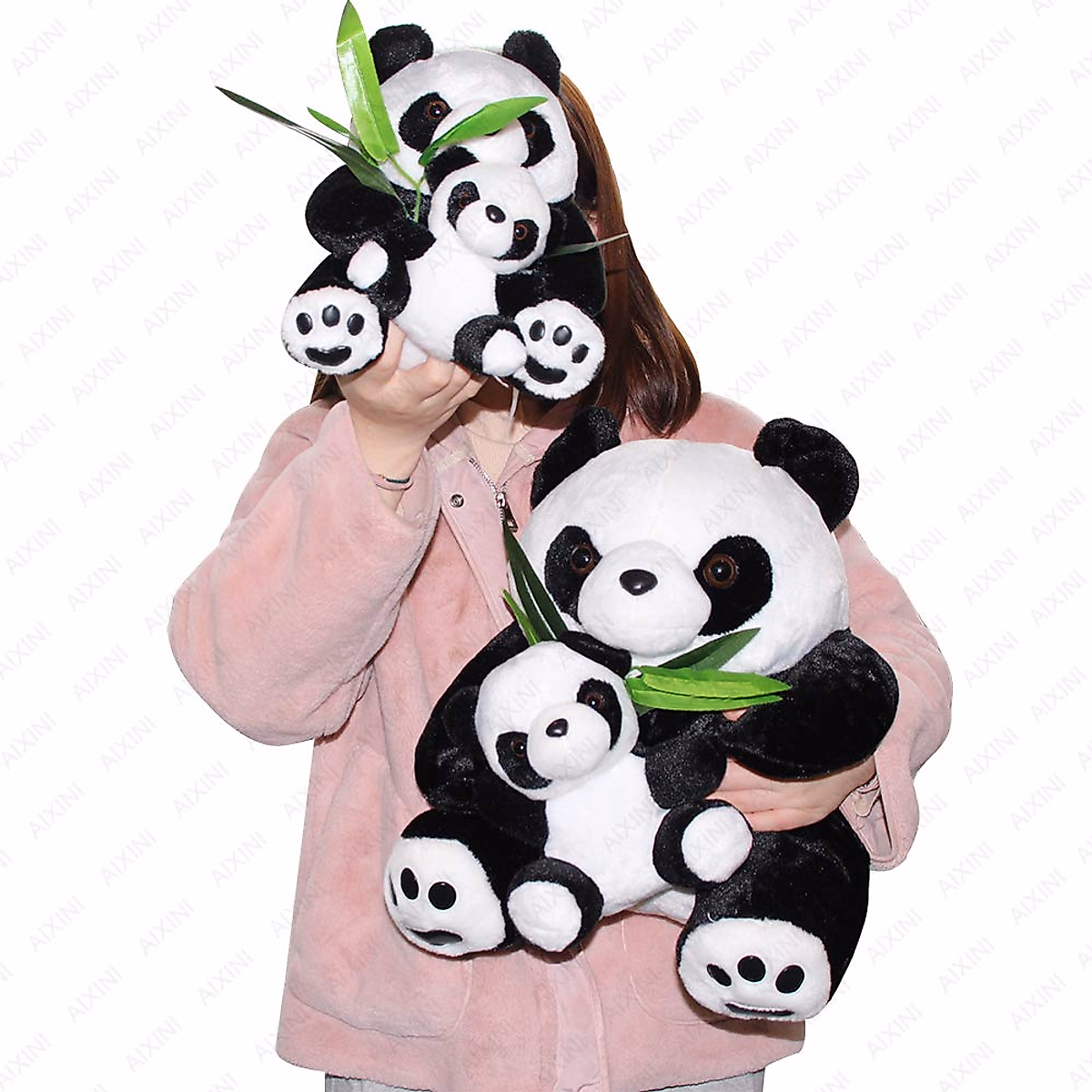 AIXINI 10" Plush Panda Stuffed Animals with Panda Baby Soft Toy, Native Mom & Baby Plush Bamboo Panda