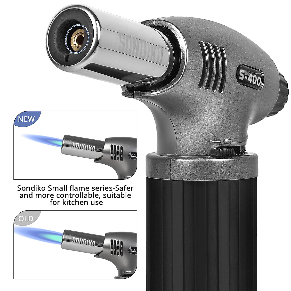Sondiko Culinary Butane Torch, Black and Gray SP400, Fit All Small Butane Tanks with Safety Lock and Adjustable Flame for Desserts, Creme Brulee(Butane Gas Not Included)