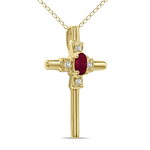 SZUL Ruby and Diamond Cross Pendant 10K Yellow Gold