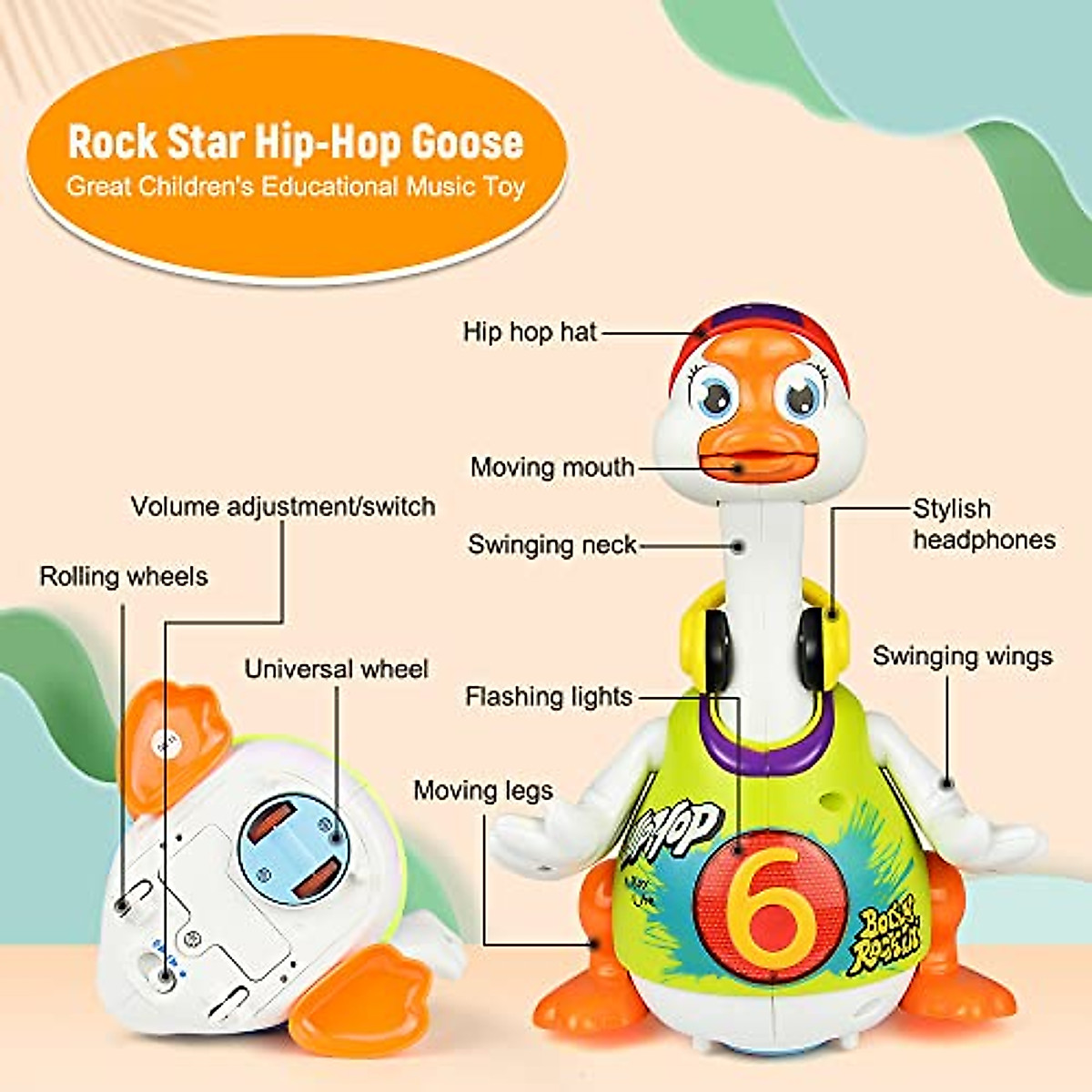 Woby Baby Musical Toy Dancing Singing Talking Walking Hip Hop Swing Goose Cool Educational Toy Gift for 1 2 3 Year Toddlers Kids Boys Girls