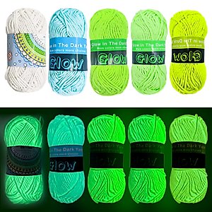 4 Pcs Glow in The Dark Yarn, Sewing Supplies,(55yd 50m) for Crocheting for DIY Arts, Crafts & Sewing Beginners Glow in The Dark Party (White Lemon Yellow Light Blue Light Green Green)