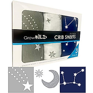 GROW WILD Crib Sheets for Boys or Girls | 3 Pack Soft Stretchy Jersey Cotton Fitted Crib Sheet Neutral | Grey White Navy Blue Baby Crib Sheets for Girl, Crib Mattress Sheet or Toddler Bed Sheets