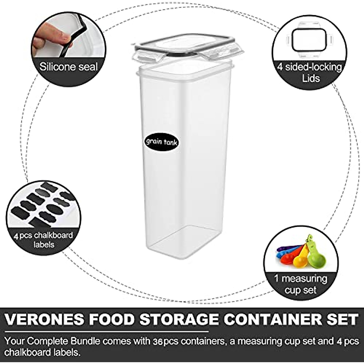 VERONES Cereal Storage Container Set, 36pcs Airtight Food Storage Containers, BPA Free Kitchen Pantry Organization for Flour, Sugar, Cereal Plastic Canisters with Black Locking Lids