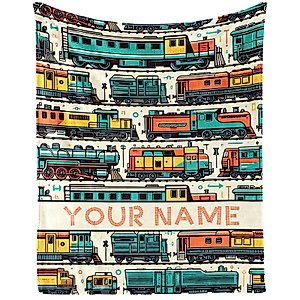 Homieblanket Custom Train Blanket with Name for Boys Girls, Personalized Cute Train Themed Design Printed Throw Blankets for Kids Lap, Chair Sofa, Giftable Blanket, 40"x 50"