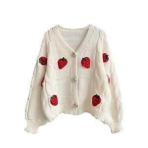 Womens Kawaii Strawberry Knit Cropped Sweater Cute Cardigan Aesthetic for Teen Girls Floral Y2k Korean School Uniform Jacket