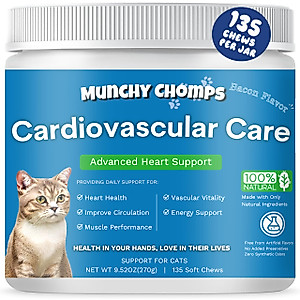 Munchy Chomps Cardio Chews for Cats - Advanced Cardiovascular Care - Heart Health & Circulation Support with Salmon Oil, Taurine, CoQ10 & More - Feline Supplement for Optimal Cardiac Function (Bacon)