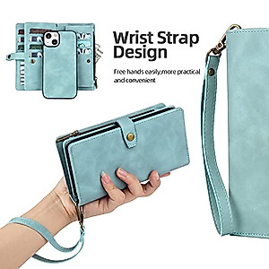 TwoHead Designed for iPhone 13 Wallet Case with Card Holder,Detachable Magnetic iPhone 13 Case with Wallet PU Leather Wallet Phone Case iPhone 13 Case Wallet for Women/Men with Wrist Strap(Blue)