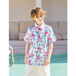 Boys Tropical Hawaiian Shirt Novelty Red Flamingo Animal Graphics Luau Shirts for Kids Button Down Short Sleeve Collar Tshirts Youth Fancy Green Leave Tops 9-10 Years Old Child Plaid Casual, Size 9-10