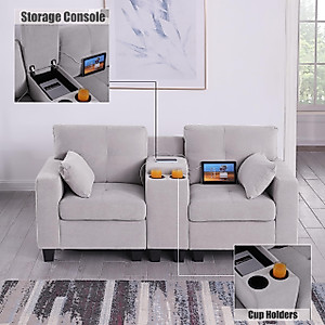 Generic Loveseat Sofa with Storage Ottoman & Console Cupholders, 2 Seater Modular Couch with Charging Station Modern Velvet Small Sectional Couch for Aparment,Home Office, Light Grey, F8001LIST