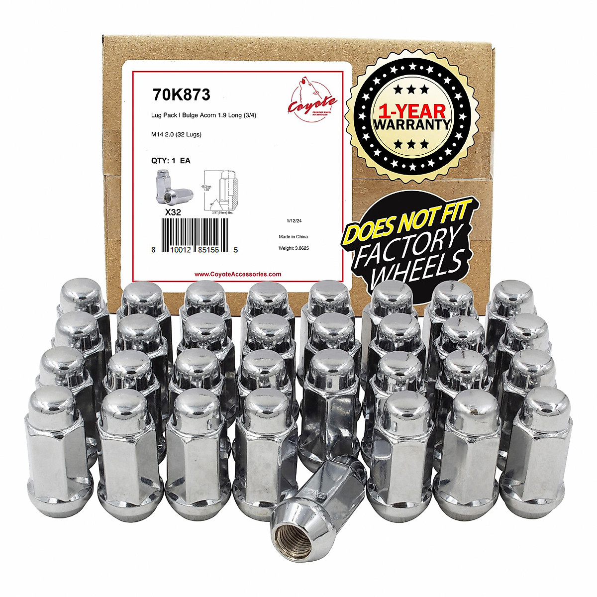 Wheel Accessories Parts 32 Pcs M14 x 2 14 x 2 Thread Bulge Acorn 1.90" Long Lug Nuts Chrome 3/4" 19mm Hex Fits 2000-02 Ford Excursion 1999-2003 F250 F350 Super Duty