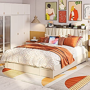 ANCTOR Full Size Bed Frame with 3 Drawers, Upholstered Platform Bed with Storage Headboard and Charging Station, No Box Spring Needed, Easy Assembly