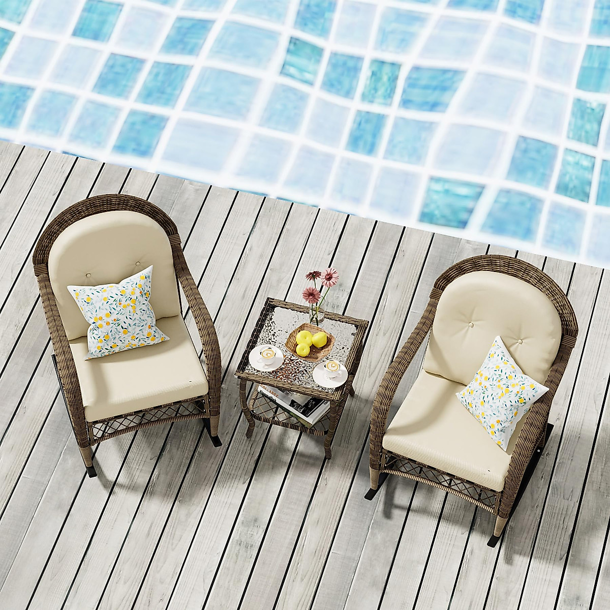 BALDPER 3 Pieces Patio Conversation Set, Lounge Rocking Chair with Cushion & Coffee Table, Wicker Bistro Set, Outdoor Furniture Set for Porch, Deck, Backyard, or Poolside, Beige