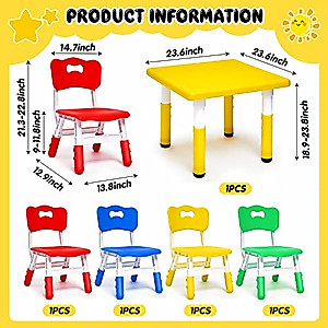 BBTO Kids Study Table and 4 Chair Set Height Adjustable Children Table and Chairs Set Kids Dining Table with Chairs for Toddler Ages 3-10, for Home, Daycare, Classroom, Easy to Wipe