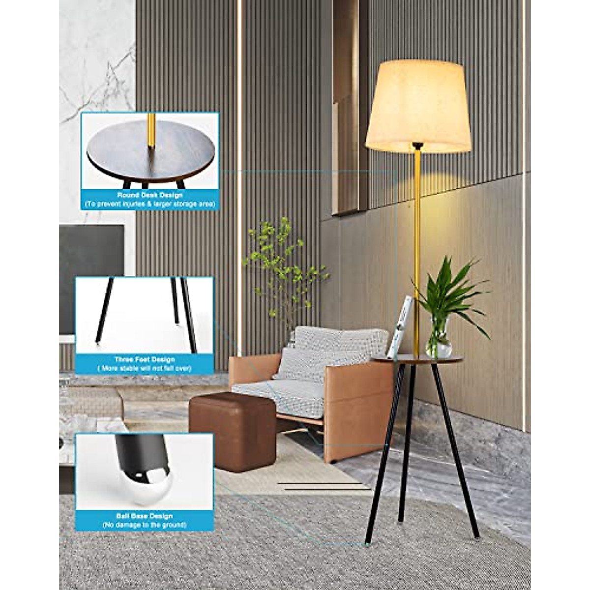 Floor Lamp with Shelves,Round Shelf Floor Lamps with E26 LED Bulb,Foot Switch Storage Wood Texture Modern Floor Lamp with Linen Shade,Display Standing Lamp for Living Room, Bedroom-Wooden
