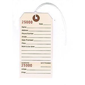 Repair Tag, Manila Cardstock (2.625" x 5.25"), w Tear-Off Claim Check, Black Ink w Sequential Red Numbers, Reinforced Hole w String Attached - Box of 500 Tags