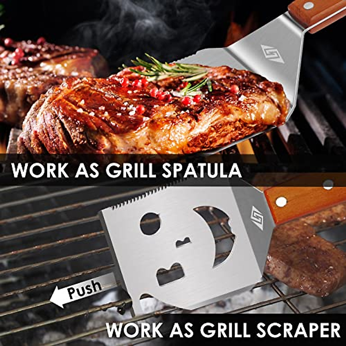 BBQ Grill Accessories for Gas Grill, Charcoal Grill. 7 in 1 Spatula with Scraper, Grill Tools for Outdoor Grill,18" Barbecue Grill Utensils. Dad Gifts, Father's Day Gifts, Gifts for Men, Dad, Husband.