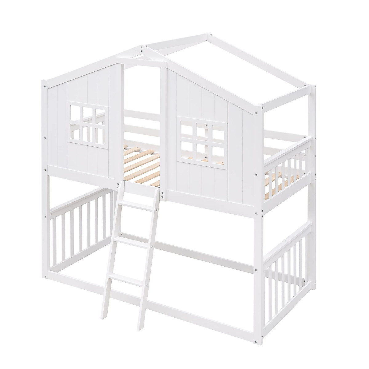 Harper & Bright Designs House Bunk Beds, Twin Over Twin Bunk Bed with Roof, Ladder and Windows, Floor Bunk Bed, Low Bunk Loft Bed for Kids Teens Boys & Girls, White