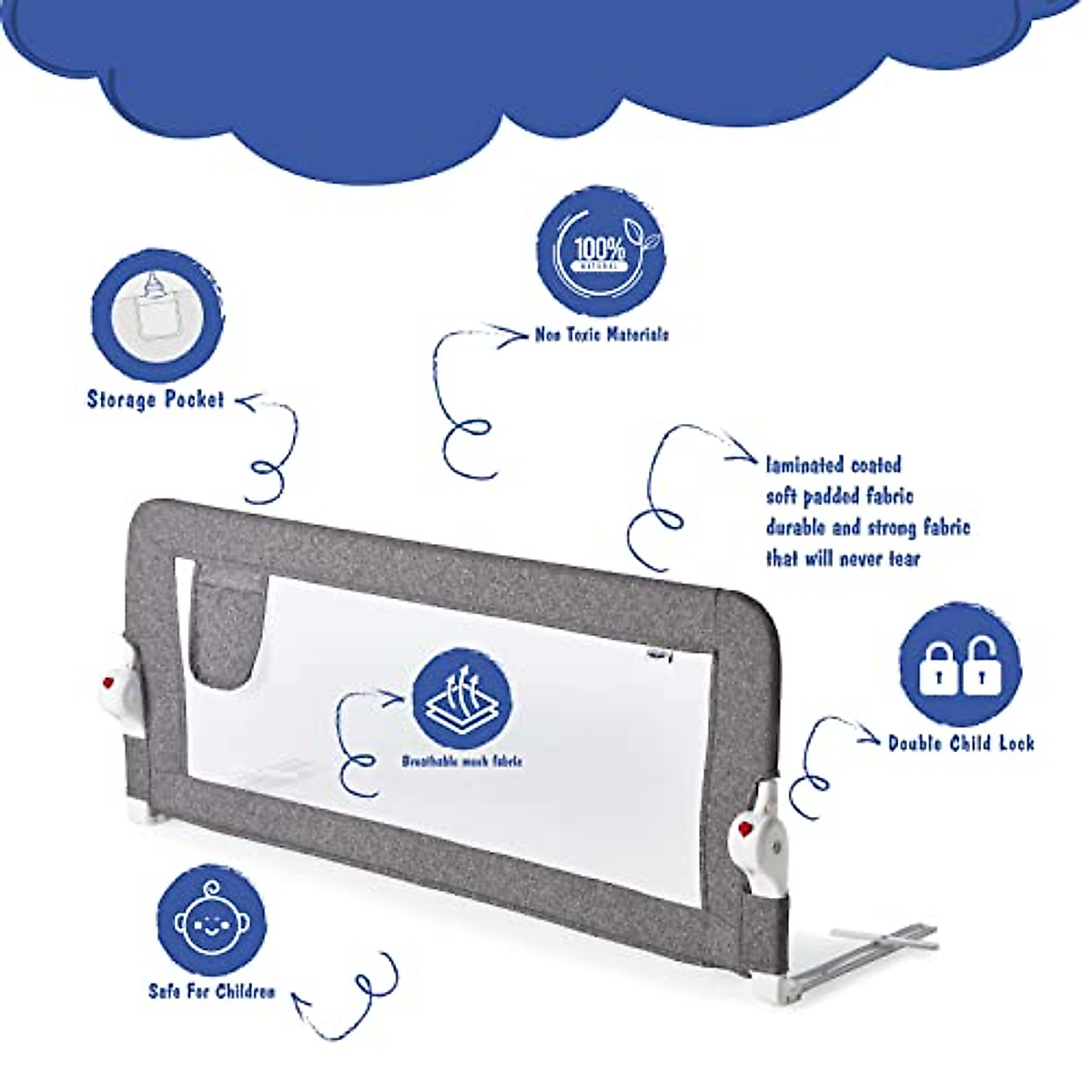 Plushy Kids Bed Rail for Toddlers, Foldable & Extra Long, Safety Crib Rail Guard with Reinforced Anchor Safety, Swing Down Bed Rails for Queen Bed, Full Size Double & King Bed (Grey, 47inch)