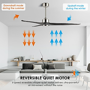 WINGBO 60 Inch DC Ceiling Fan without Lights, 3 Reversible Carved Solid Wood Blades, 6-Speed Noiseless DC Motor, Ceiling Fan No Light with Remote, Brushed Nickel Finish with Gray Blades