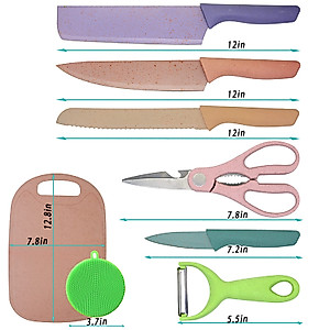 11 pcs Colorful Knife Set,Sharp Kitchen Knives Sets for Slicing Paring and Cooking, Professional Cute Pink Chefs Knife Set fit to Bbq RV Camping,Stainless Steel Knives, Scissors, Peeler&Cutting Board