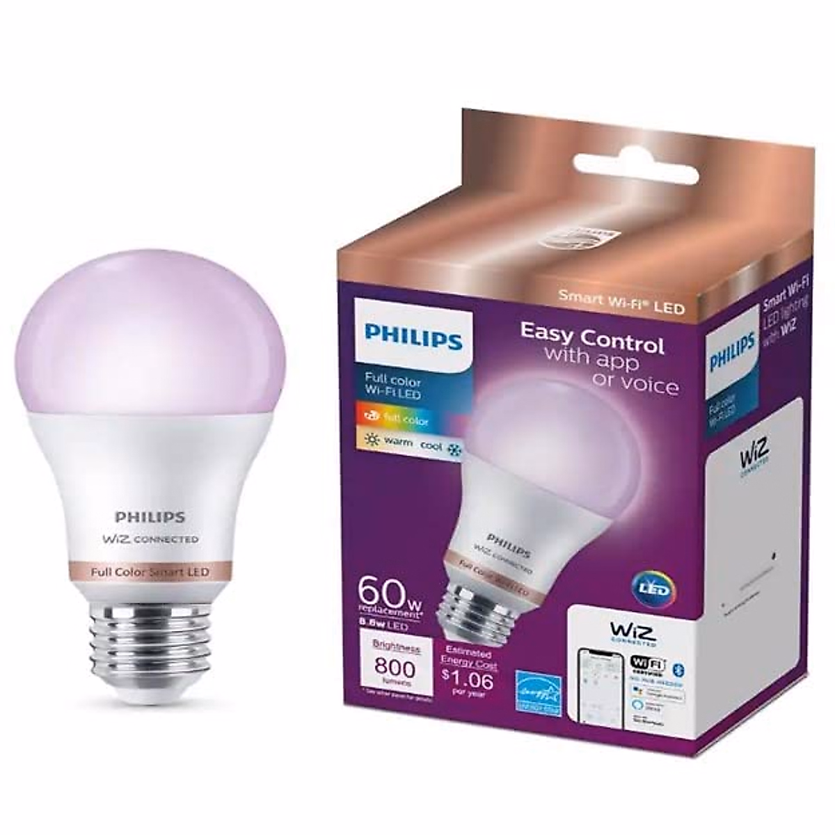 PHILIPS Color and Tunable White A19 LED 60W Equivalent Dimmable Wi-Fi Wiz Connected Smart LED Light Bulb, Easy Control with App or Voice, Works with Alexa, Google Assistant, Siri Shortcuts (4-Pack)